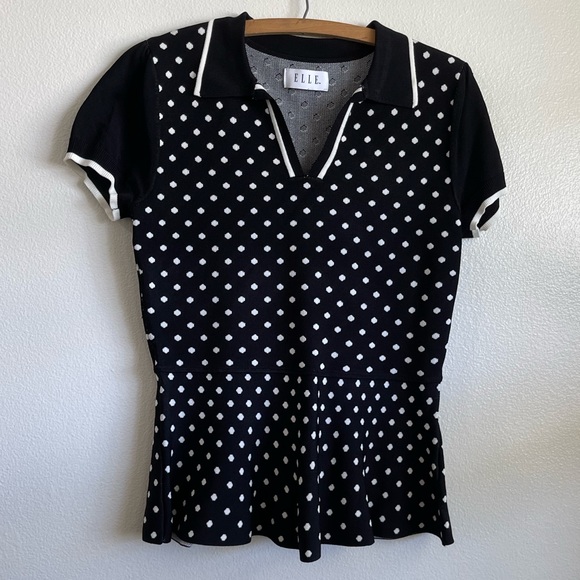 Elle | Tops | 325 Elle Collared Polka Dot Peplum Top Black White Small ...